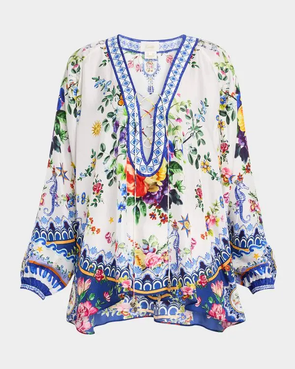 Camilla Lace-up Silk Blouse - Tiles Darls