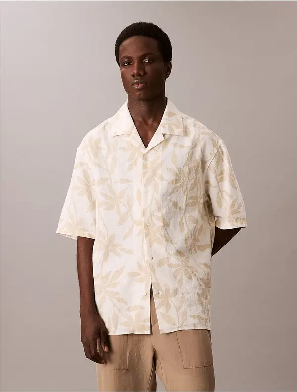 Calvin Klein Linen Cotton Print Relaxed Button-down Shirt - Pistachio Shell