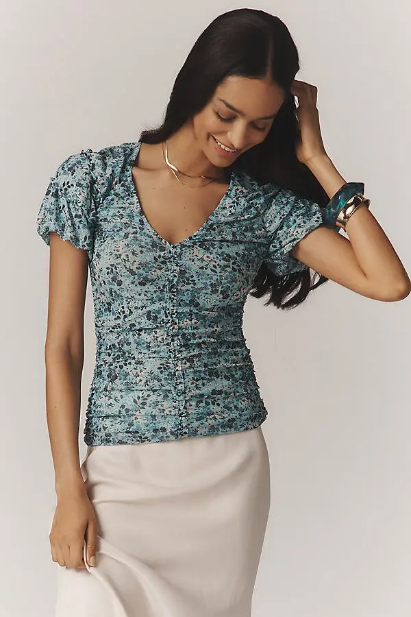 Anthropologie Shirred Mesh Top - Blue Pattern