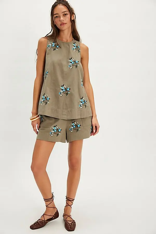 Free People Embroidered Top And Shorts Set - Sage Combo
