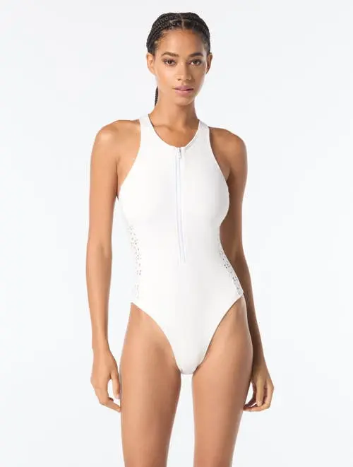 Michael Kors Zip Front One Piece Swimsuit - White