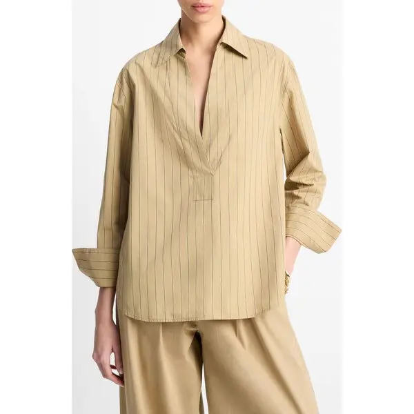 Vince Stripe Relaxed Cotton Popover Shirt - Sand Sage