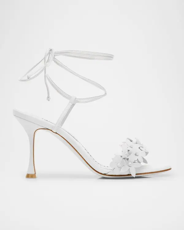 Manolo Blahnik Anista Nappa Leather Ankle-wrap Sandals - White