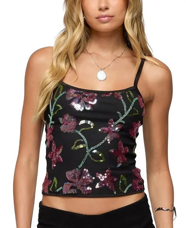 EDIKTED Beaded Floral Embroidered Tank Top - Black