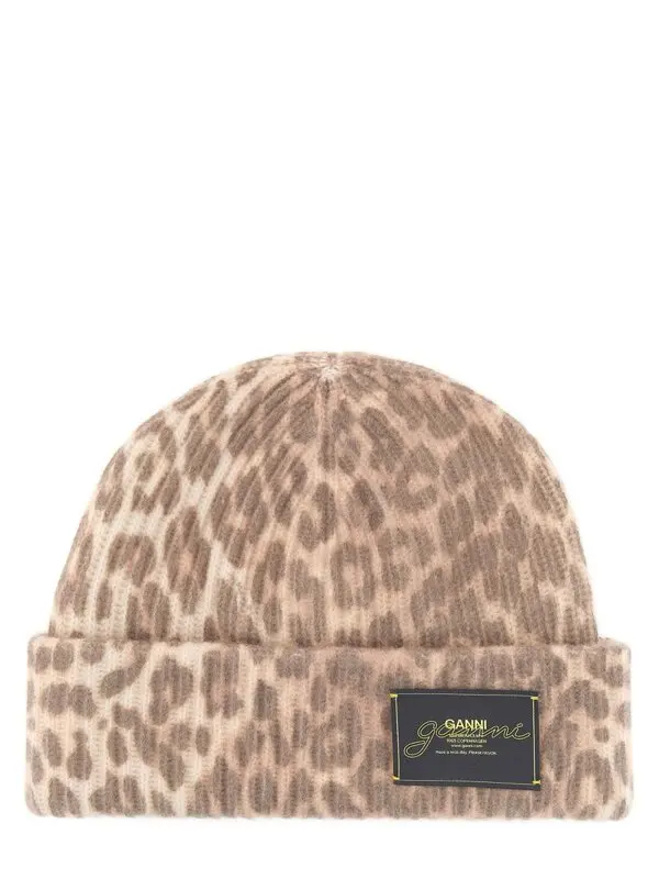 GANNI Leopard Printed Beanie - Brown
