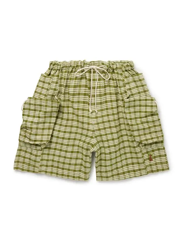 STORY MFG. Salt Wide-leg Checked Organic Cotton-canvas Short - Green