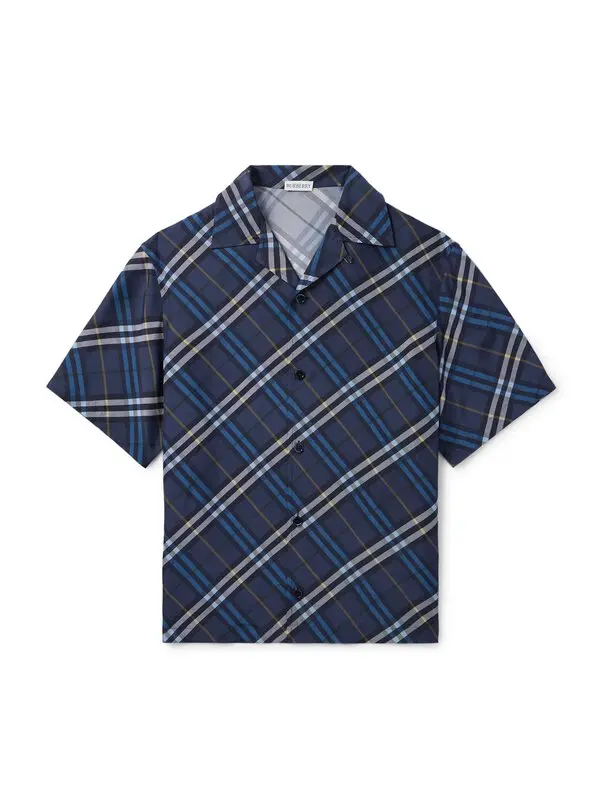 Burberry Convertible-collar Checked Silk Shirt - Blue