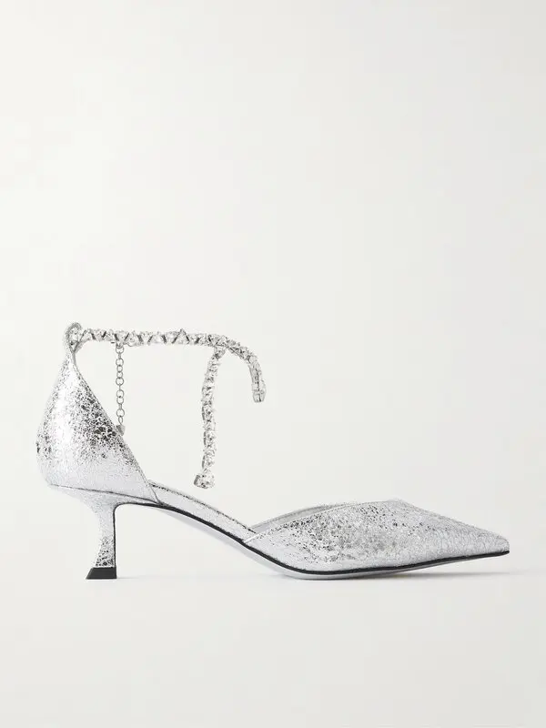 JIMMY CHOO Stevie 50 Crystal-embellished Metallic Crinkled-leather Pumps