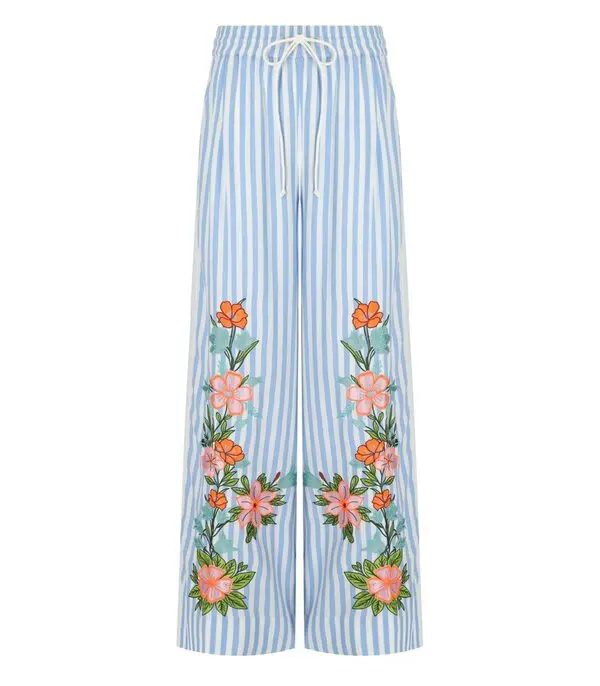 Essentiel Antwerp Striped Wide-leg Pants With Floral Embroidery - Blue
