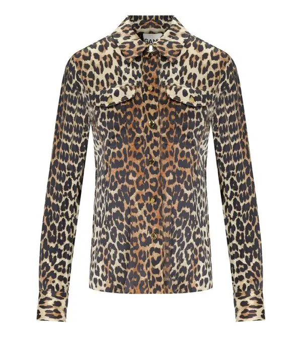 GANNI Animalier Satin Shirt - Beige