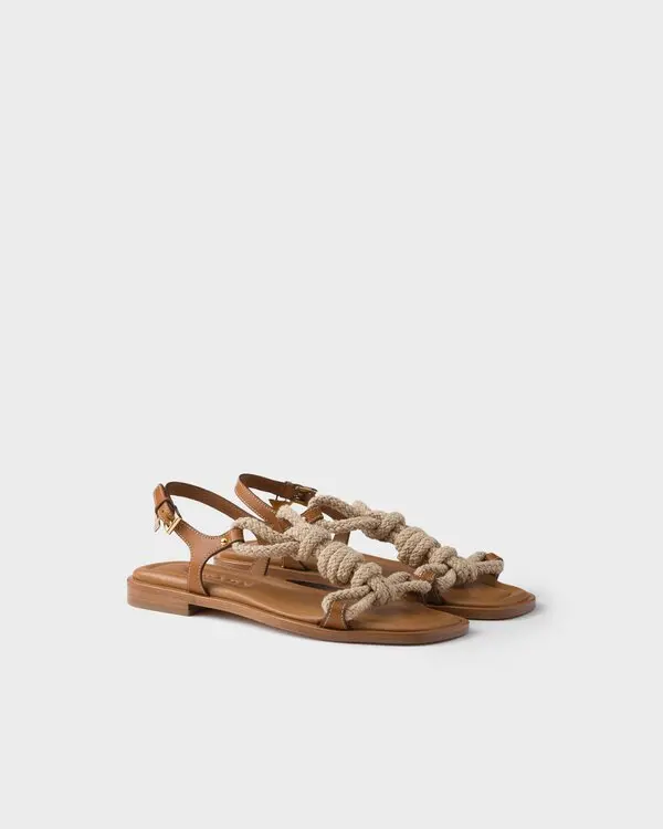 Prada Flat Leather And Cord Sandals - Light Tan