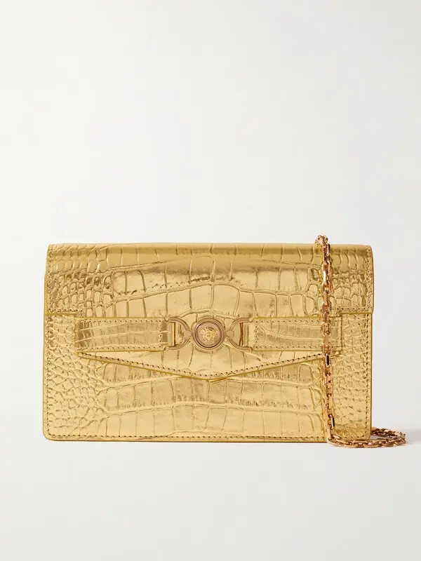 Versace Metallic Croc-effect Leather Clutch - Gold