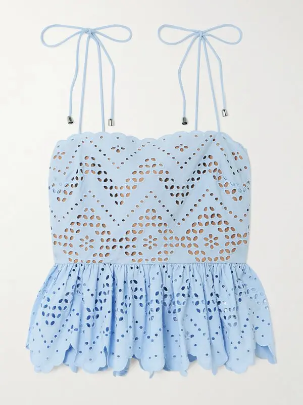 SELF-PORTRAIT Scalloped Ruffled Broderie Anglaise Cotton Peplum Top