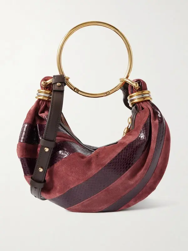Chloé Embellished Suede And Snake-effect Leather Shoulder Bag