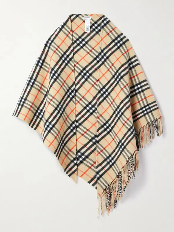 Burberry Fringed Checked Wool And Cashmere-blend Cape - Neutrals
