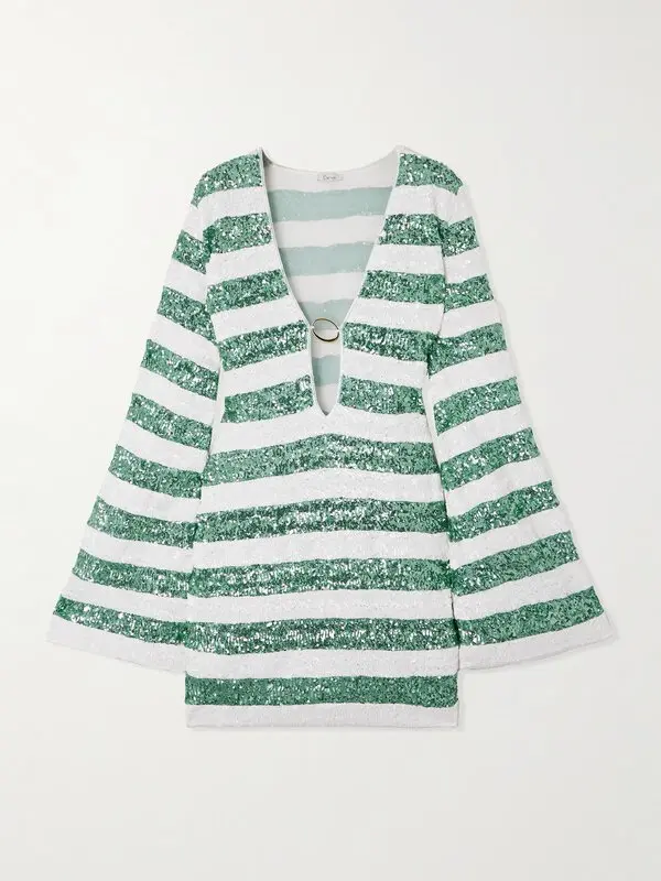 Oseree Candy Paillettes Embellished Striped Mesh Kaftan