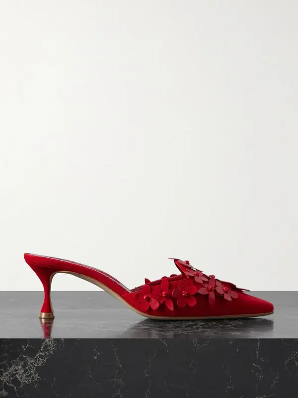 Manolo Blahnik Harnes 50 Appliquéd Suede Mules - Red