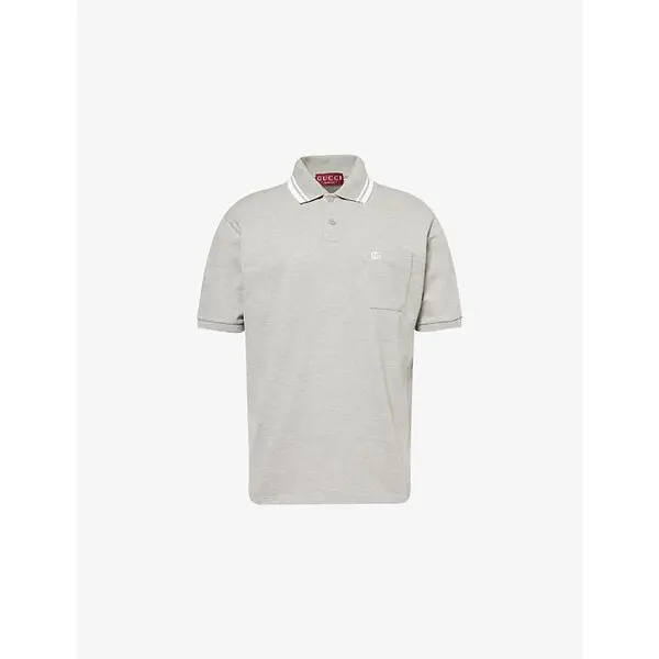 Gucci Logo-embroidered Stripe-collar Cotton-pique Polo Shirt - Grey Melange