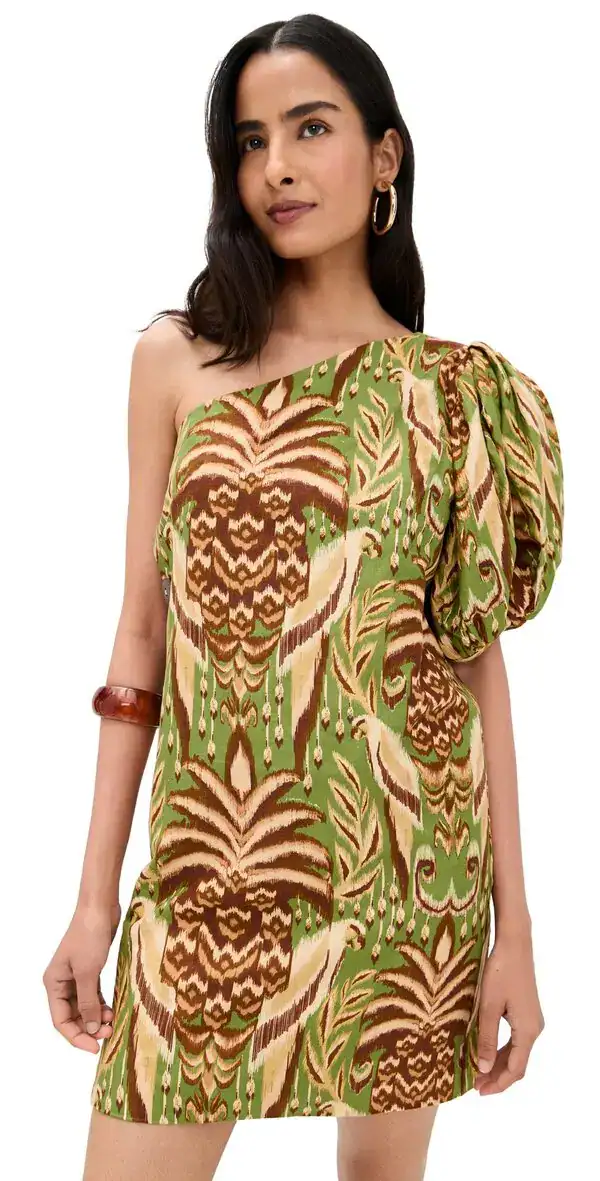 Farm Rio Buttoned One-Shoulder Mini Dress In Pineapple Tapestry Green - 40%  Off | Editorialist