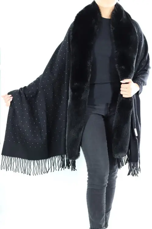 La Fiorentina Embellished Wrap With Faux Fur- - Black