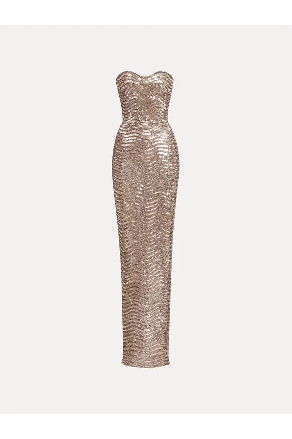 Oscar De La Renta Sequin And Crystal Wave Embroidered Gown