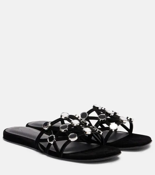 Attico Grid Embellished Suede Flat Sandals - Black