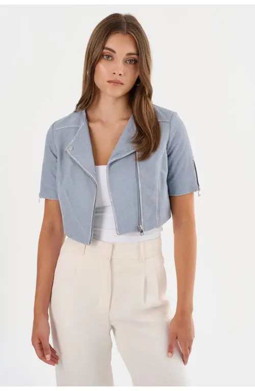 LAMARQUE Kirsi Cropped Biker Leather Jacket - Light Blue Denim