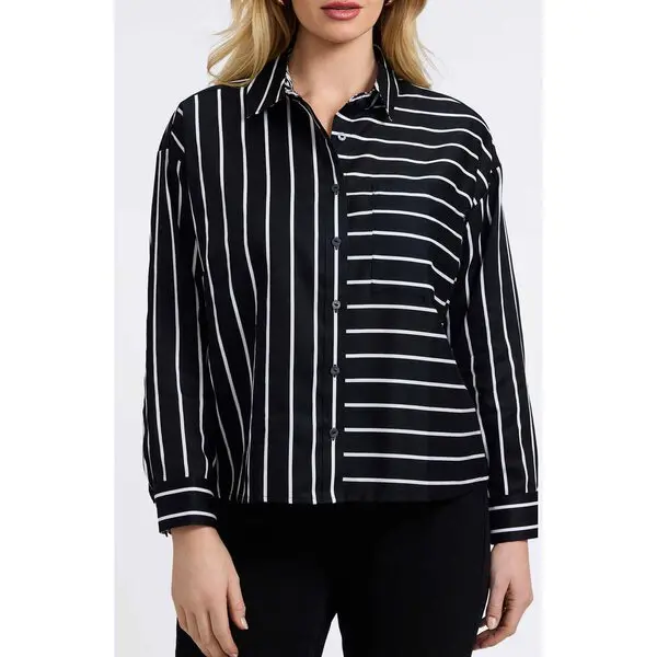 Foxcroft Marina Stripe Cotton Button-up Shirt - Black/white