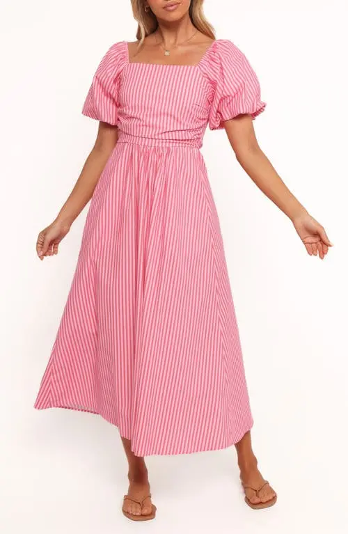 PETAL & PUP Striped Puff Sleeve Cotton Midi Dress - Red Stripe