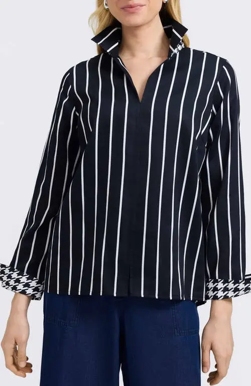 Foxcroft Agnes Stripe Cotton Popover Top - Black/ White