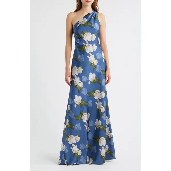 Sachin & Babi Delphine Floral Print One-shoulder Gown - Washed Indigo Blooms