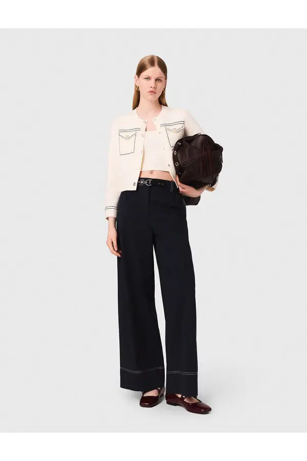 Maje Topstitched Cropped Cardigan - Neutral / White