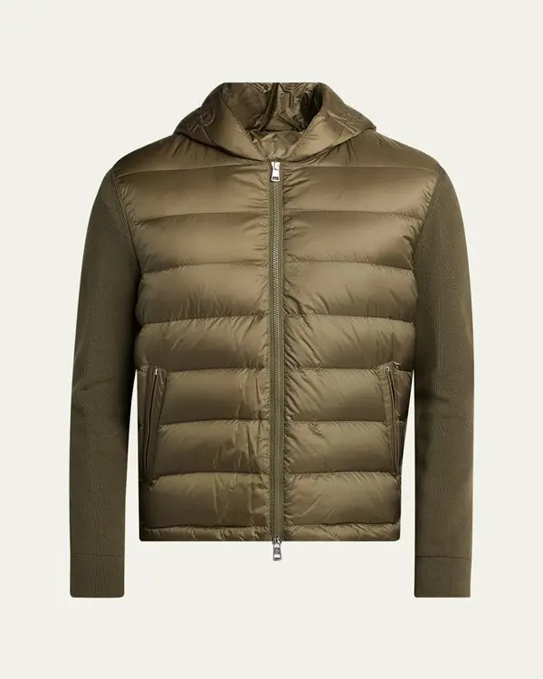 Moncler Padded Nylon Knit-sleeve Hooded Cardigan - Olive