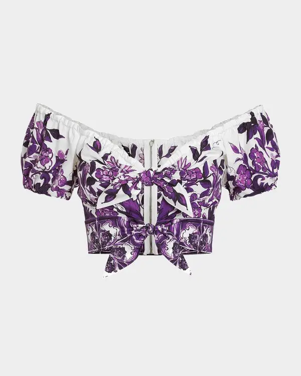 Dolce & Gabbana Majolica Print Poplin Off-the-shoulder Crop Top - Whtprtpurp