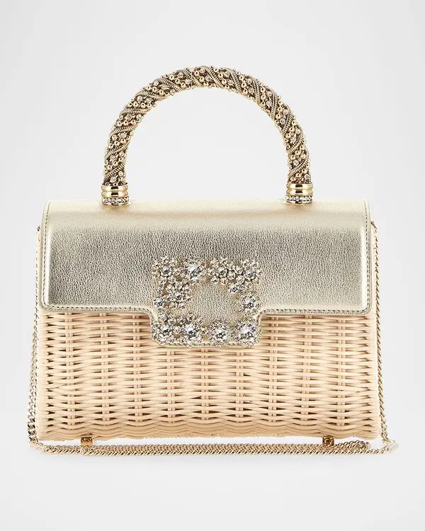 ROGER VIVIER Mini Strass Buckle Wicker Top-handle Bag - Gold/beige