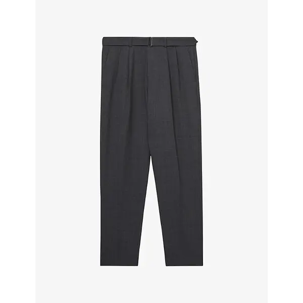 REISS Belted-waist Tapered-leg Stretch Wool-blend Trousers - Charcoal Grey
