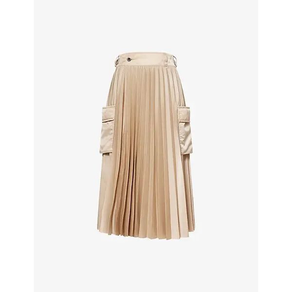 Sacai Pleated Wrap-front Woven Midi Skirt - Beige