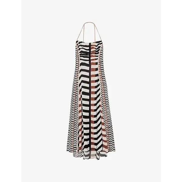 REISS Georgie Chevron-print Woven Midi Dress - Black Brown