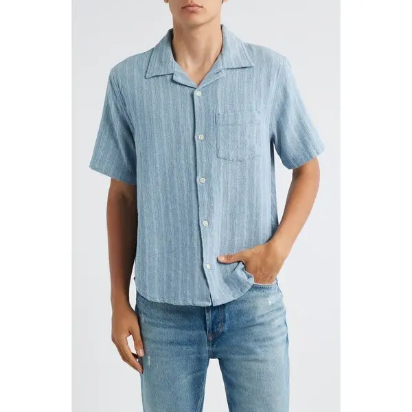 CORRIDOR Basket Weave Short Sleeve Button-up Shirt - Blue