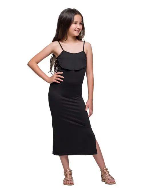 24SEVENKID Ruffle Spaghetti Strap Maxi Dress - Black