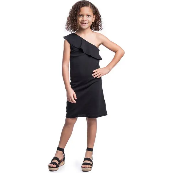 24SEVENKID One Shoulder Ruffle Knee Length Dress - Black