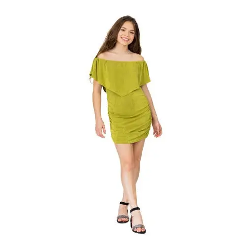 24SEVENKID Off-the-shoulder Rouched Party Dress - Avocado