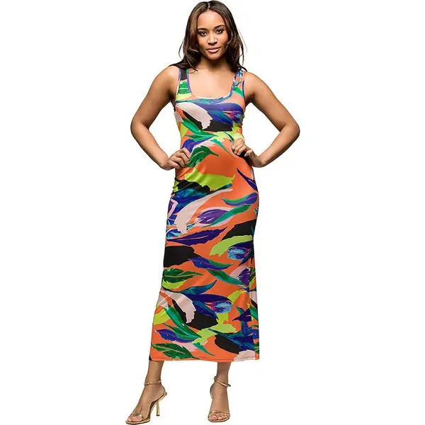 24SEVEN COMFORT APPAREL Maternity Razorback Tank Maxi Dress - Orange Multi