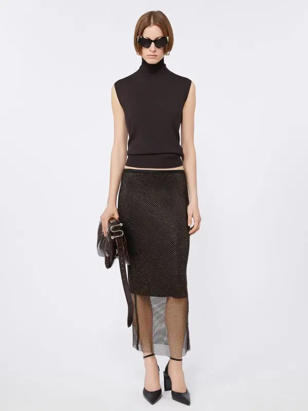 Max Mara Rhinestone Mesh Midi Skirt