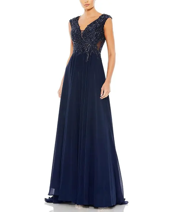 Mac Duggal Appliqued Cap-sleeve Bodice Flowy Gown - Navy
