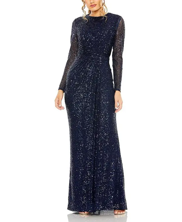 Mac Duggal Sequined Long Sleeve Side Knot Gown - Midnight