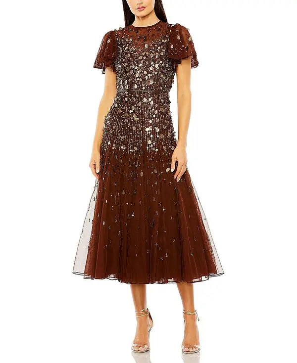 Mac Duggal Flutter Sleeve Beaded Top Dress