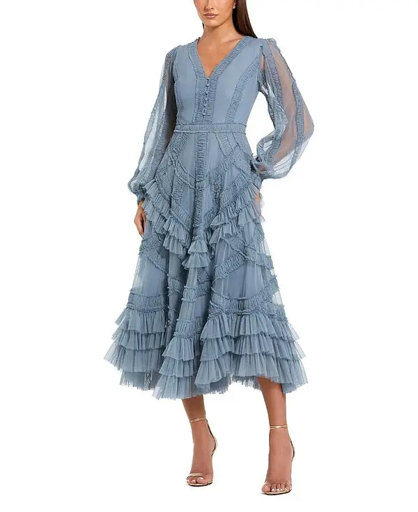 Mac Duggal Long Sleeve V-neck Micro Ruffle Midi Dress