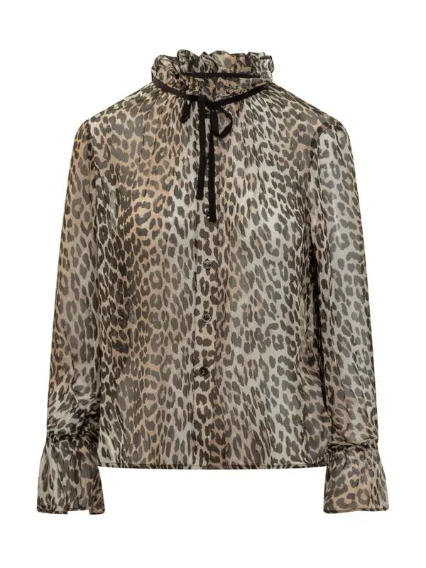 GANNI Animal Print Chiffon Shirt - Brown