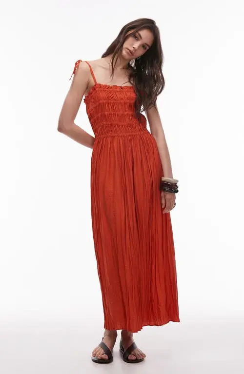 Topshop Shirred Bodice Midi Dress - Orange
